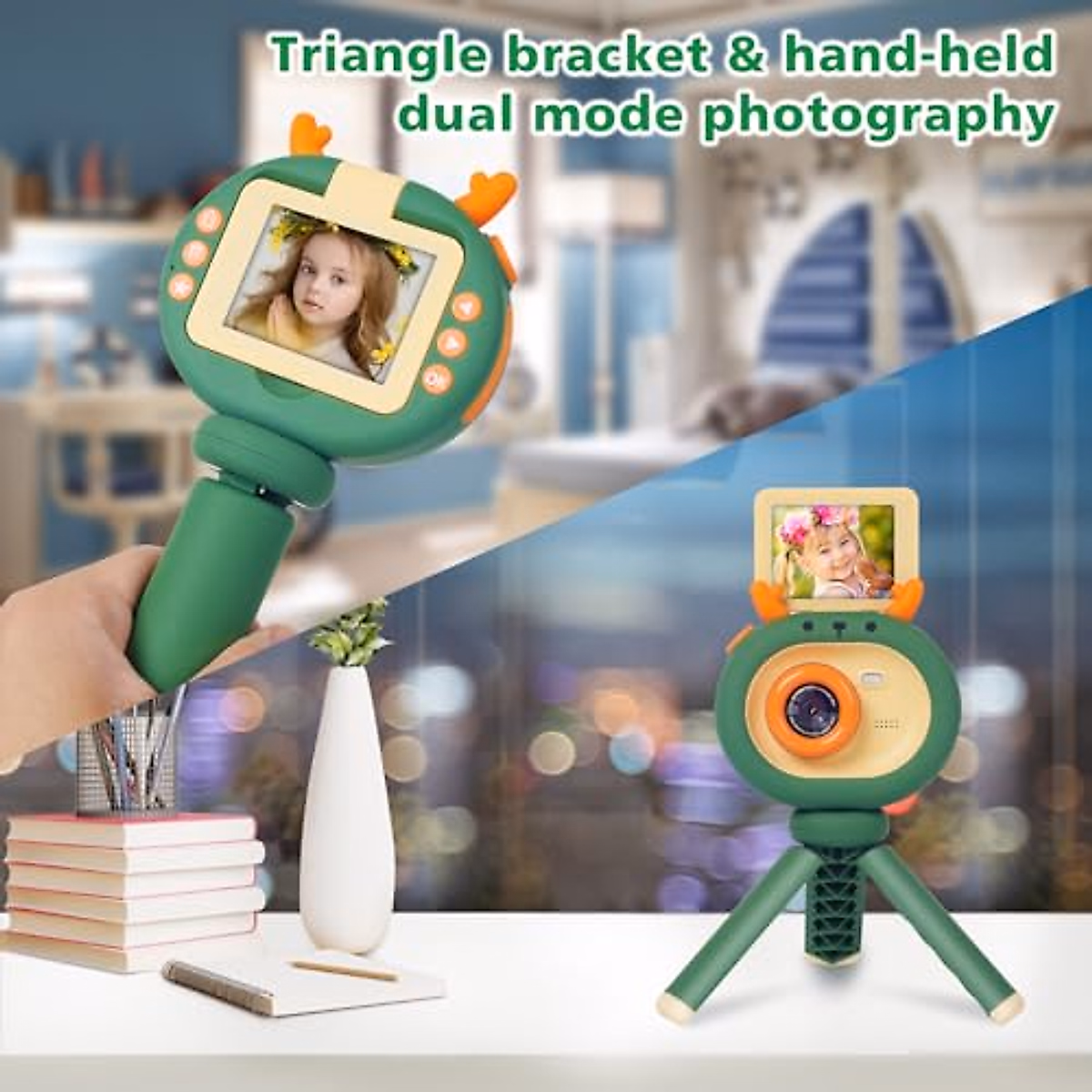 Kids Digital Camera Toddler Camera HD 1080P Video Camera for Kids Age 3-12 Kids Selfie Camera with Flip-Up Monitor Mini Kids Camera with 32GB SD Card Christmas Birthday Gift for Kids Green
