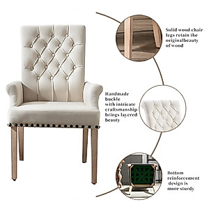 Dining Room Chairs with Arms,Tufted Upholstered High Back Nailed Trim with Untique Oak Wood Legs for Kitchen Restaurant Room Bedroom (Beige)