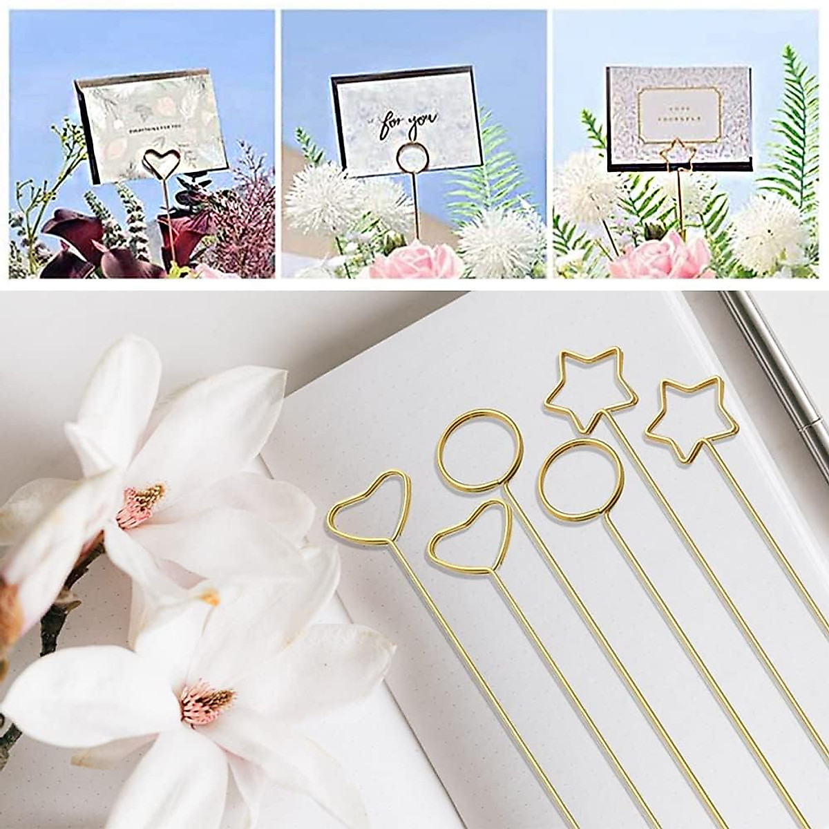 BOYIVI 40 Pieces Metal Wire Floral Place Card Holder Pick Love Floral Card Holder Picks Gold Card Note Table Number Memo Holder Gold Photo Clip for Wedding Birthday Baby Shower Party Favor (Round)
