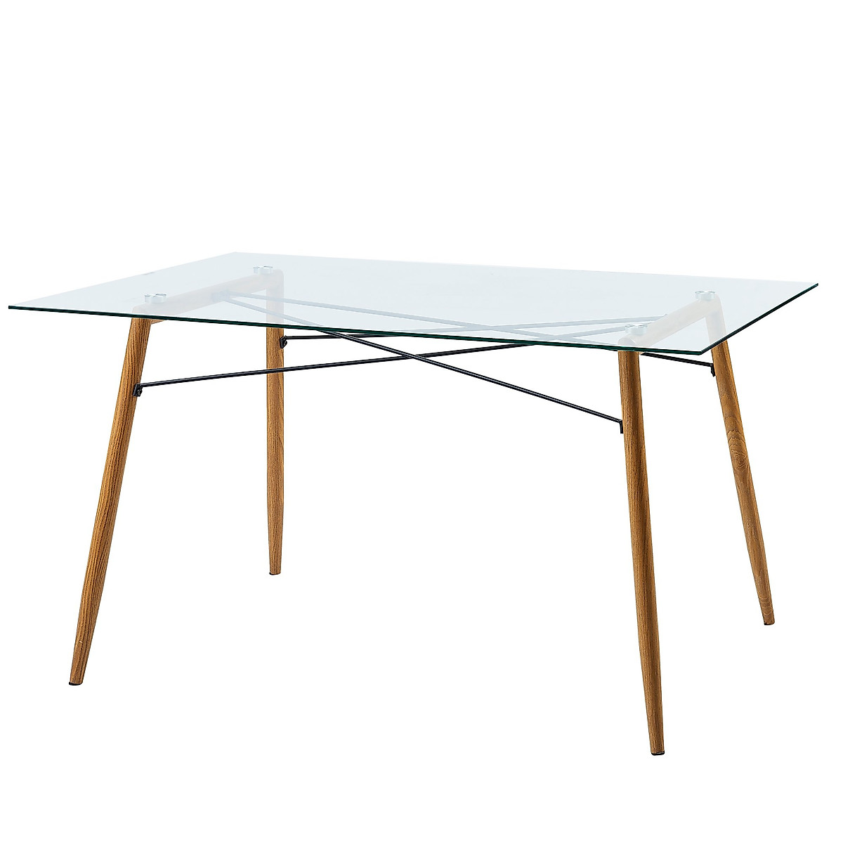 Versanora Minimalista Glass Dining Table Mid-Century Modern Style with Metal Legs for Kitchen Living Room Study Home Office, 30 inch Height, Glass/Wood Grain