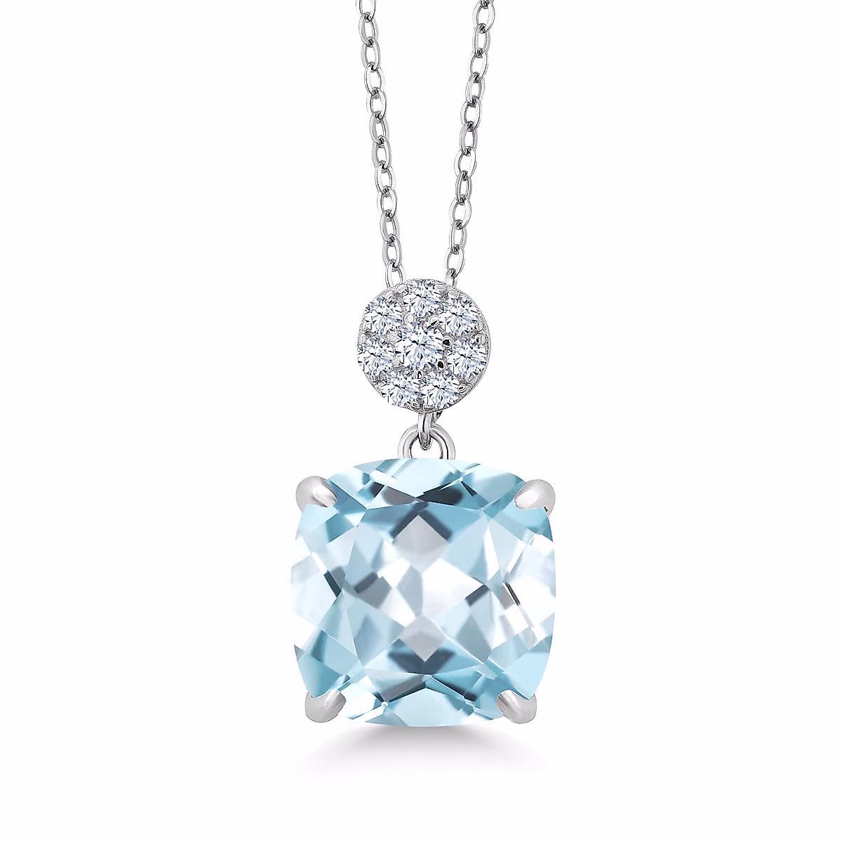 Gem Stone King 925 Sterling Silver Sky Blue Simulated Aquamarine Pendant Necklace For Women (6.32 Cttw, Cushion Cut 12MM, with 18 Inch Silver Chain)