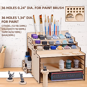 T TOGUSH Wooden Paint Organizer for 36 Holes of Citadel Paints and 36 Holes of Paint Brushes with Adjustable Storage wtih Model Pieces Shelf, Miniature Stands Holder Paint Rack for Miniature Paint Set