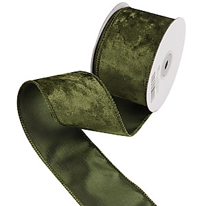 HUIHUANG Olive Green Wired Velvet Ribbon 2-1/2 inch, Green Velvet Wire Ribbon for Christmas Tree, Large Bows, Wreaths, Gift Wrapping, Garland, Home Decor, Crafts-Continuous 10 Yards/Roll