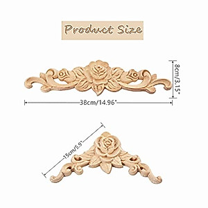 MUXSAM Wood Rose Appliques Onlays Set, 5-Pack Unpainted Decorative Carved Decals for Bed Door Cabinet Wardrobe Mantel Ceiling Wall Headboard Upgrade Decor Craft DIY Projects, 15x15cm+38x8cm