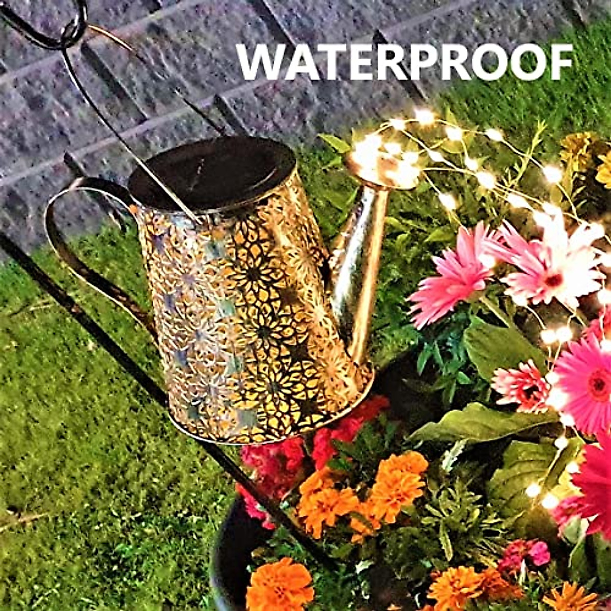 Solar Watering Can Decor Lights, Hanging Garden Ornament Lighting Your Garden, Flower Pattern Metal Lantern Weatherproof Yard Art Ideal Mother's Day, Birthdays, Christmas, Pathway Lights, Bronze