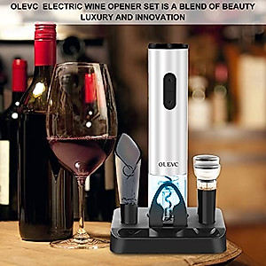 Olevc Rechargeable Electric Wine Bottle Opener, Automatic One-Button Corkscrew Opener Kit with Foil Cutter, Vacuum Stopper and Wine Aerator Pourer for Household Kitchen Party Bar(Stainless Steel)
