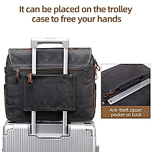 BOVIP 15.6 inches Vintage Mens Messenger Bag Water Resistant Genuine Leather Canvas Satchel Shoulder Bag Briefcase Laptop Bag with USB Charging,Headset Port,Dark Gray