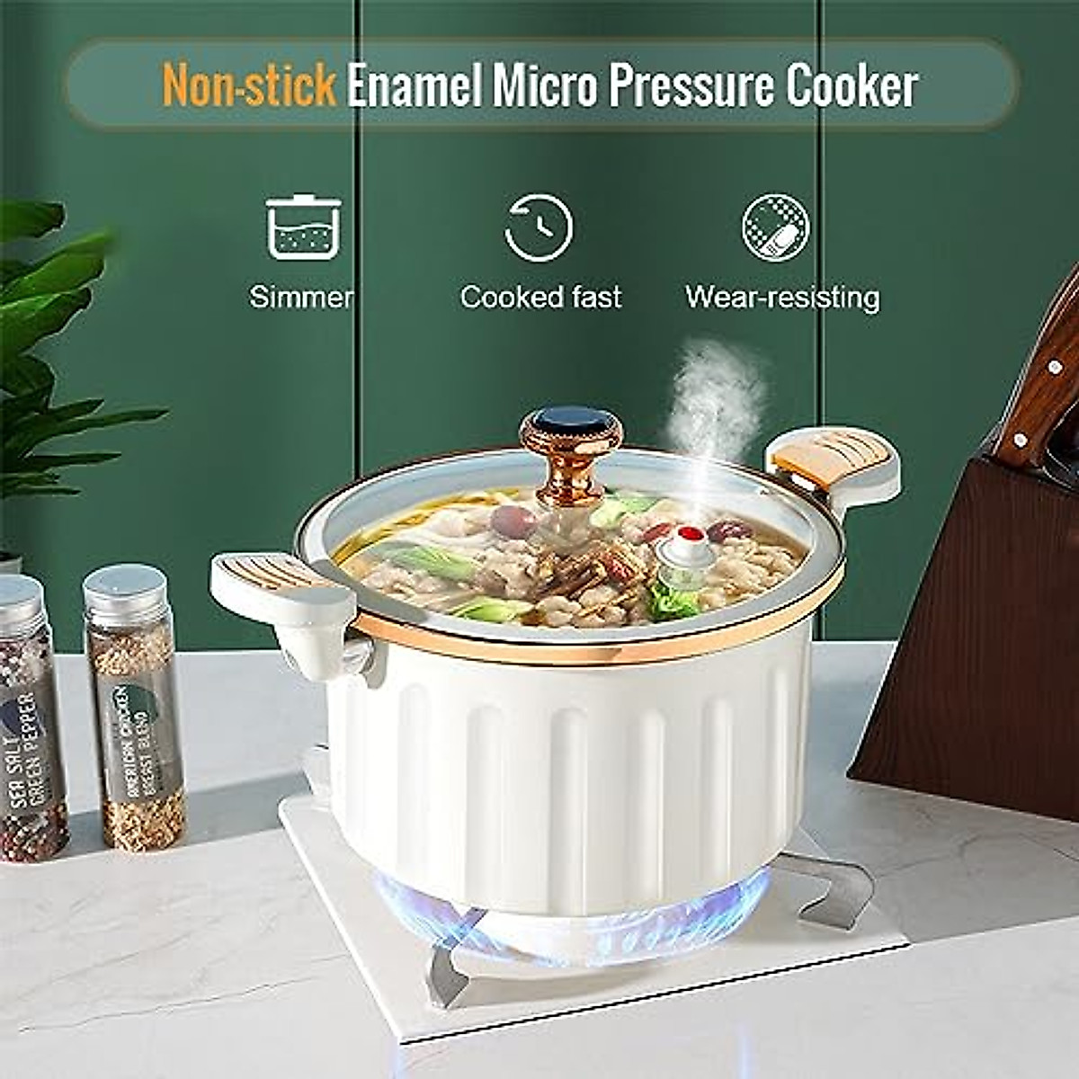 Non-stick Enamel Micro Pressure Cooker, 8L Large Capacity Non-stick Pan Pressure Cooker, Push-Pull Lock Pressure Cooker Soup Stew Pot Enamel Soup Pot, Multifunctional Time Saving Stockpot (8L_White)