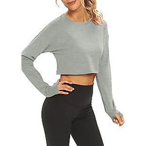 Mippo Long Sleeve Workout Top Crop Shirts Athletic Gym Active Wear Loose Cropped Sweaters Oversized Tshirts Midriff Tops Baggy Clothes for Women to Wear with Leggings Light Heather Gray L