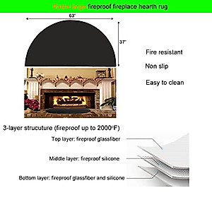 63″x37″ Extra Large Extra Thick Half Round Fireproof Fireplace Mat Hearth Rug - Fire Flame Resistant Floor Covering Protection Pad Non-Slip Floor Protector - Fire Retardant Fiberglass Carpet