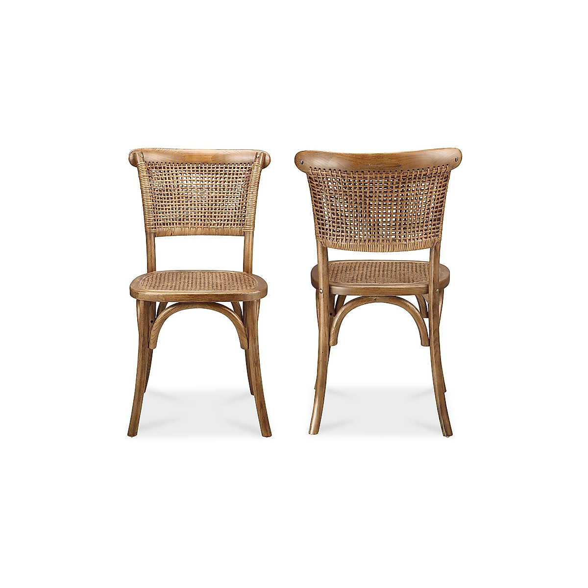NADAAL STUDIOS Winston Dining Chair, Solid Elm with Rattan Cushioning, Light Brown- Set of Two