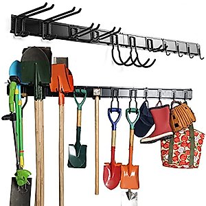 QualStorage Tool Storage Rack 15 PCS Adjustable Heavy Duty Garden Organizer Wall Mount Garage Hanger(11 Hooks, 4 Rails)