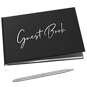 Merry Expressions Black Guest Book & Pen – 9"x7" Hardcover 100 Page/50 Sheets – Silver Foil Gilded Edges for Guests & Visitors to Sign at a Wedding, Funeral or Memorial, Party, Baby or Bridal Shower