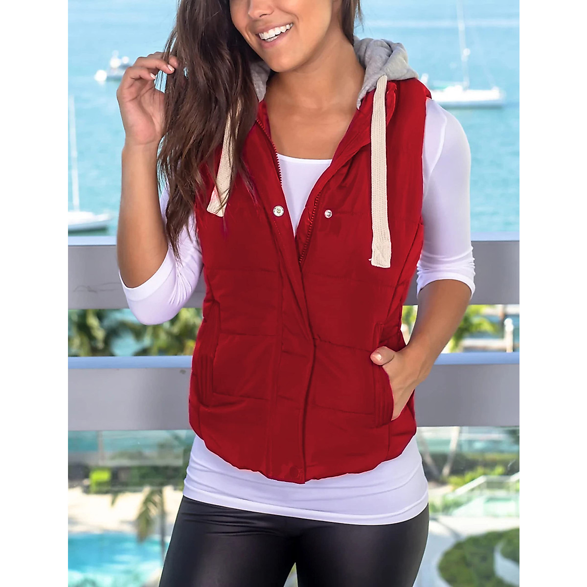Yeokou Women's Slim Sleeveless Quilted Removable Hooded Winter Puffer Vest Coat(Red-M)