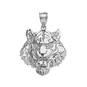 Solid 925 Sterling Silver Roaring Tiger Head Necklace Pendant (Large)