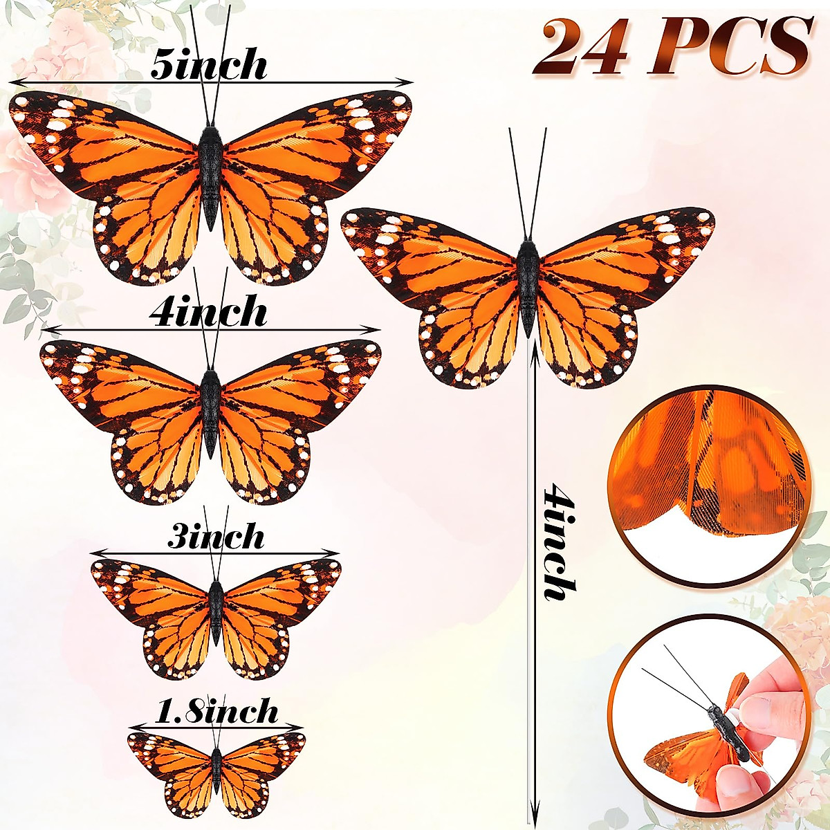 Giegxin 24 Pcs Monarch Butterfly Decorations 4 Size Artificial Monarch Butterfly Feather Butterfly Decor on Picks Butterflies for Crafts Fake Butterflies with Wire Butterfly Wall Decor (Orange)