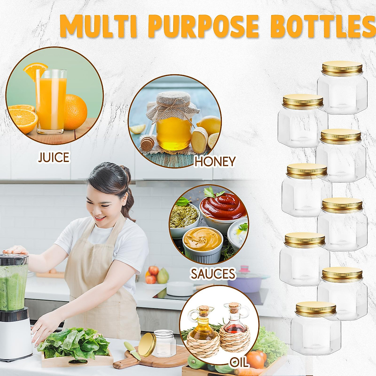 Yaomiao 75 Packs 3 oz Hexagon Plastic Jars with Gold Lids Mini Honey Jars Wide Mouth Small Spice Canning containerfor Party Wedding Favors, DIY Gift, Jams, Candy, Candle, Herbs