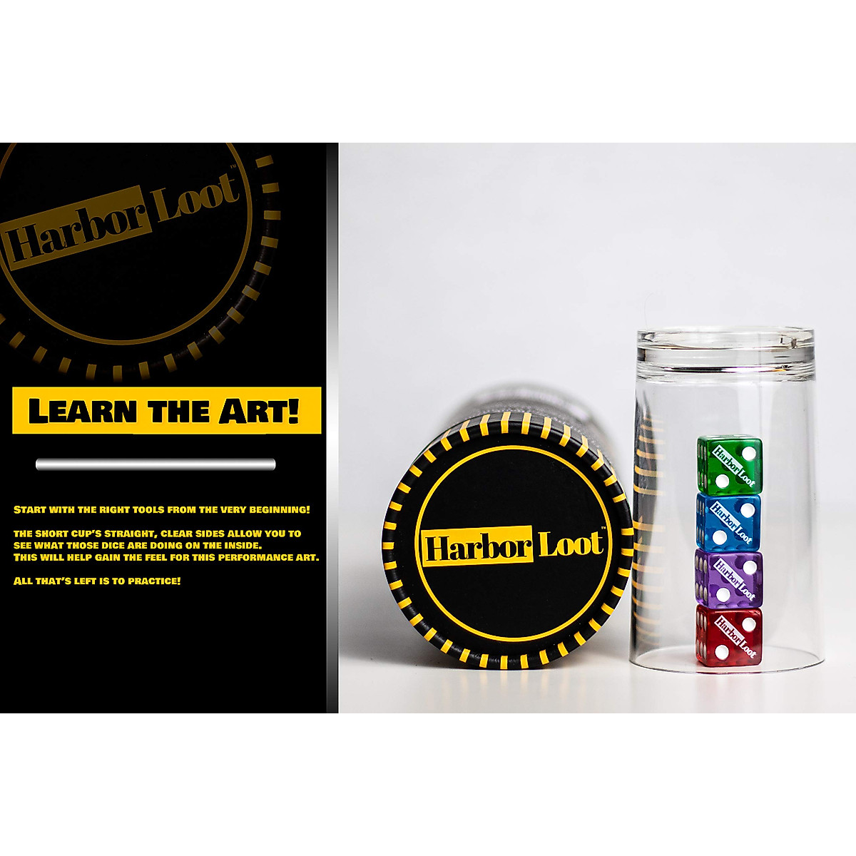 Harbor Loot Dice Stacking Set Includes 8 Large 19mm Dice, 1 Short Beginner's Stacking Cup, 1 Tall Advanced Stacking Cup, Plus Storage Tube