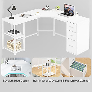 LVB White L Shaped Corner Desk with Drawers, Reversible Modern L-Shaped Computer Desk with Storage Cabinet Shelves, Large Wood L Shape Home Office Desk Table for Work Study Writing Gaming, 60 Inch