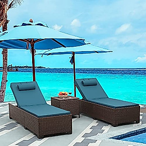 Outdoor Wicker Chaise Lounge Set, Patio, Poolside PE Rattan Lounge Chairs, Adjustable Reclining Chaise Loungers with Cushions and Matching Storage Table, Peacock Blue