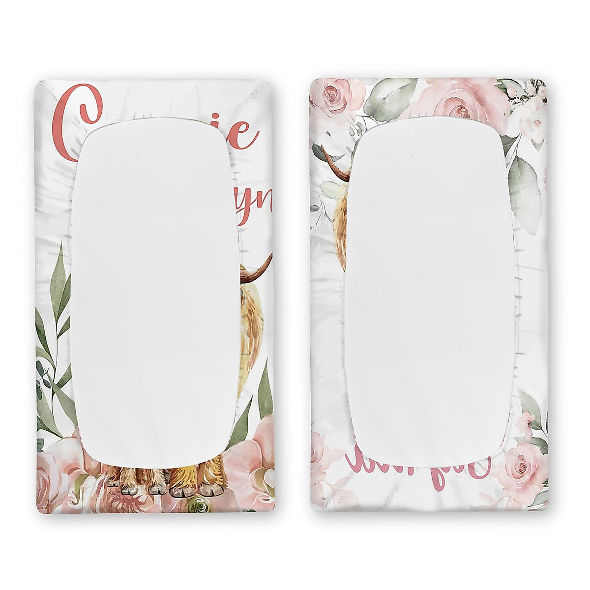 Personalized Changing Pad Cover, Custom Diaper Change Table Sheets with Name, Pink Floral Highland Cow Soft Jersey Knit Change Table Sheets for Girls, 2 Pack Changing Pad Covers (16" x 32")