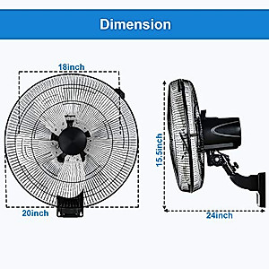 Simple Deluxe HealSmart 18 Inch Household Commercial Wall Mount Fan, 90 Degree Horizontal Oscillation, 5 Speed Settings, Black, 2-Pack