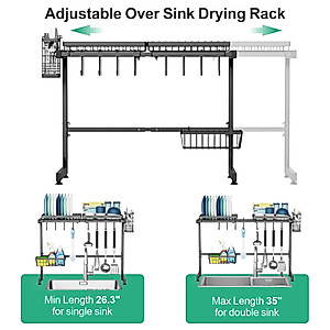 GSlife Over The Sink Dish Drying Rack - Length Adjustable (33.66~39.57") Dish Rack Over Sink Large Capacity, Rustproof Kitchen Dish Drying Rack, Above Sink Dish Rack, Black