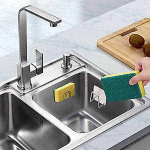 Eksinzenith 2Pcs Sponge Holder for Kitchen Sink，Strong Adhesive Small Sponge Holder，Sink Holder for Brush and Sponge，Premium Rustproof SUS304 Stainless Steel Rust Proof Waterproof (Silver)