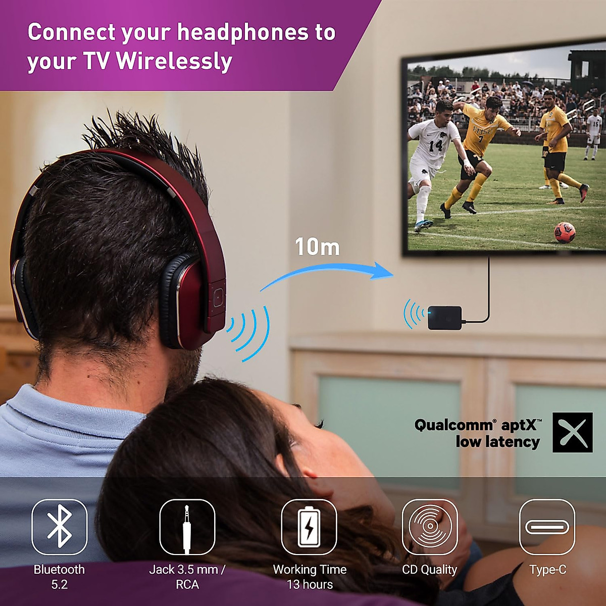 August MR250 - Bluetooth Wireless Transmitter - Audio Adapter for TV to Bluetooth Headphone - Stream Music from 3.5mm Audio Out to Bluetooth Headphones, Speakers and Receivers - Black