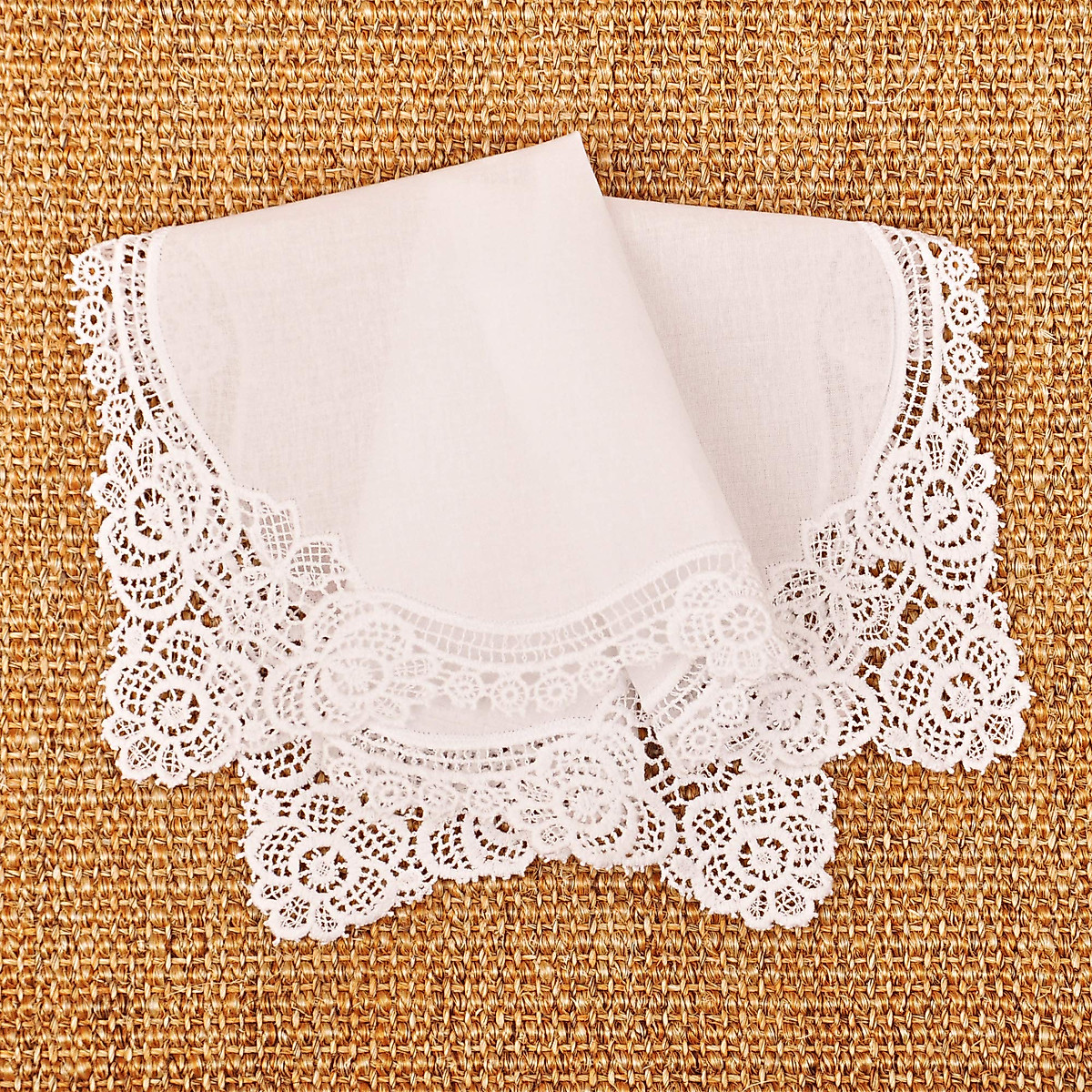Milesky White Wedding Handkerchief Pure Cotton, Soft Ladies Hanky with Crochet Lace CH02