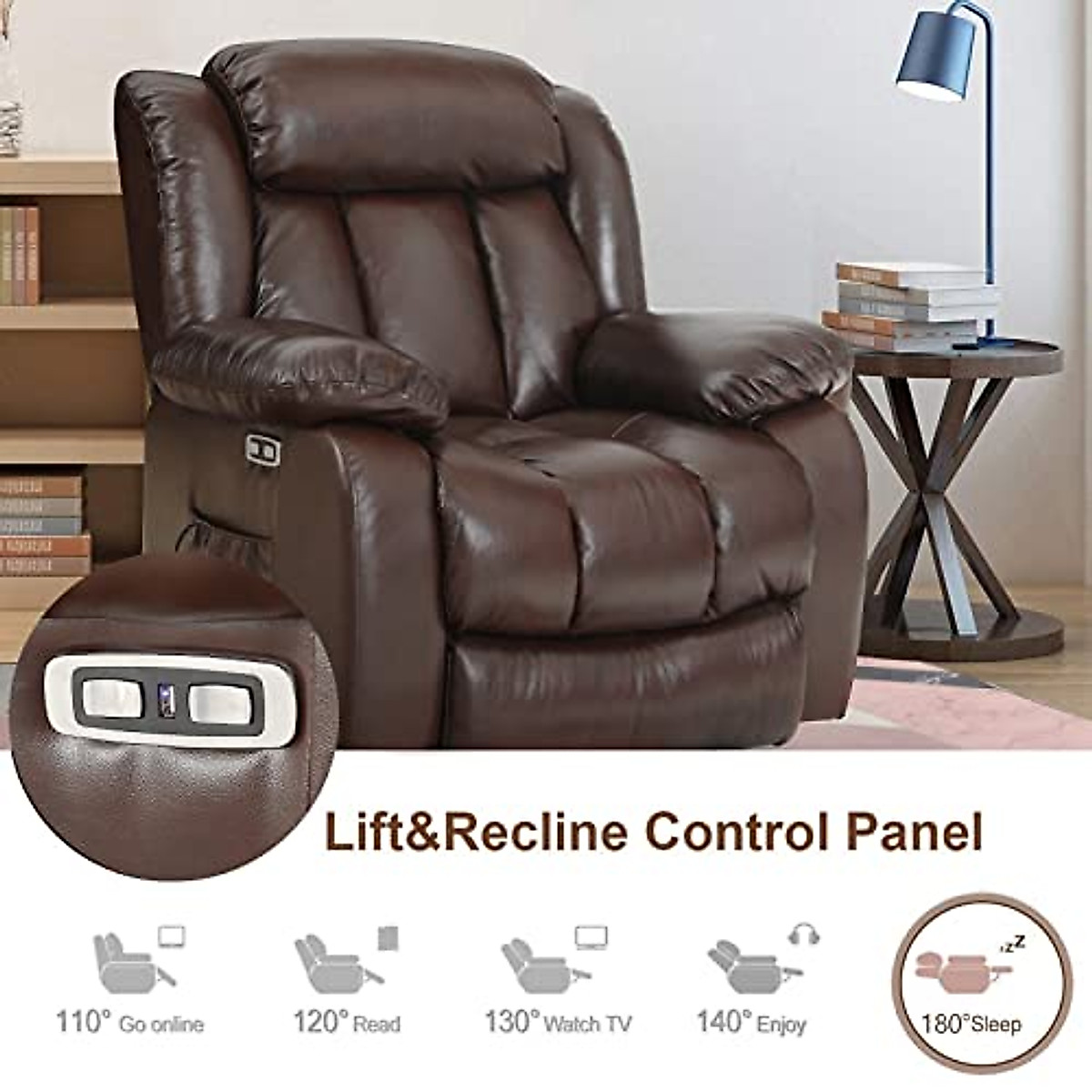 Harkawon Dual Motor Recliner Chair for Adults, Genuine Leather Lay Flat Sleeping Power Lift Chair for Elderly, Power Lift Chairs, with Massage and Heating (Brown)
