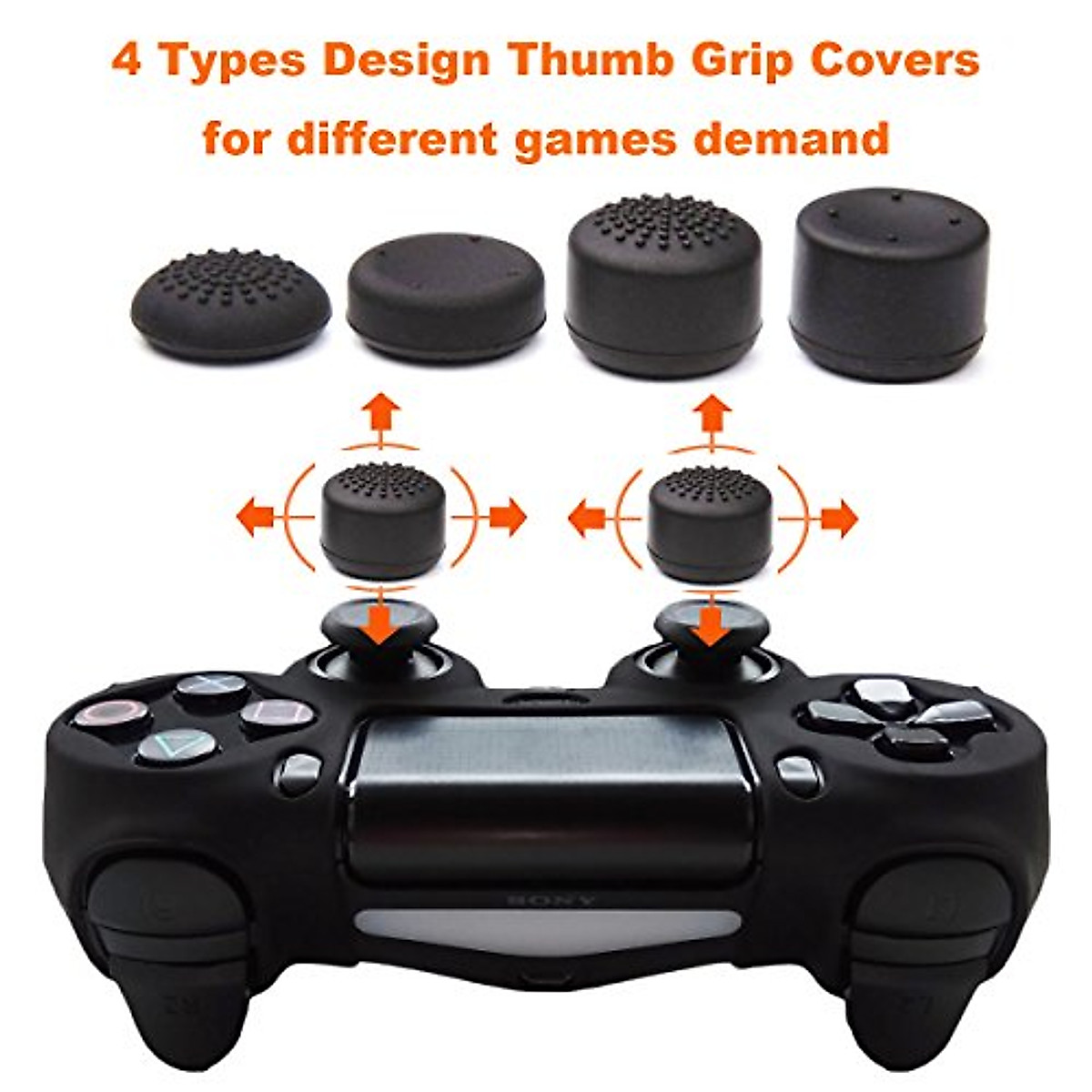 Pandaren Skin for PS4/PS4 Slim/PS4 Pro/PlayStation 4/Controller,PS4 Controller Cover,STUDDED Anti-slip Silicone Skin Set (controller skin x 2 + FPS PRO Thumb Grips x 8)(Black,White)