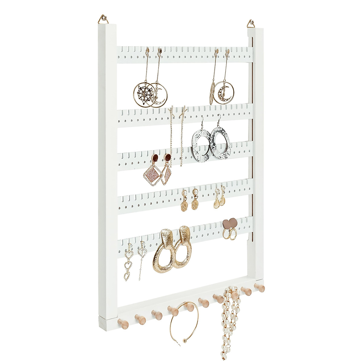 Wall Mounted Earring Organizer, Earring Holder Organizer Wall,Solid Wood Earring Hanging Jewelry Organizer and Storage, Wooden Necklace Holder, Earring Display for Studs, Dangling, Bracelet and Rings
