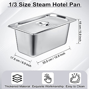 8 Pack Stainless Steam Hotel Pan 1/3 Size x 6 Deep Steam Table Pan with Lid 0.8 mm Thick Stainless Steel Anti Steam Pan Restaurant Anti Clogging Steamer for Party, Restaurant, Hotel