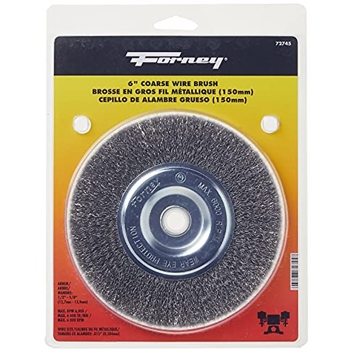 Forney 72745 Wire Bench Wheel Brush, Coarse Crimped with 1/2-Inch and 5/8-Inch Arbor, 6-Inch-by-.012-Inch