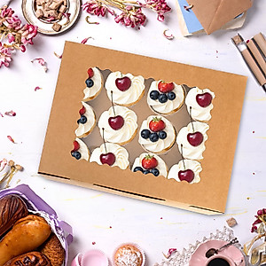 Jucoan 20 Pack Kraft Cupcake Boxes Containers with Clear Display Window, Brown Cake Trays Holder for Cookies, Muffins Pastries, Holding 12 Standard Cupcakes for Valentines Day Party