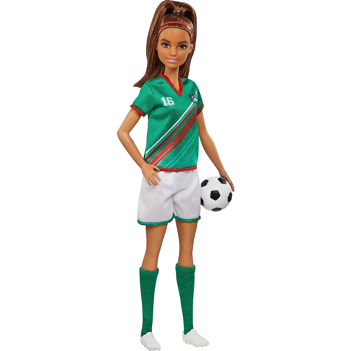 Barbie Soccer Fashion Doll with Brunette Ponytail, Colorful #16 Uniform, Cleats & Tall Socks, Soccer Ball 11.5 inches