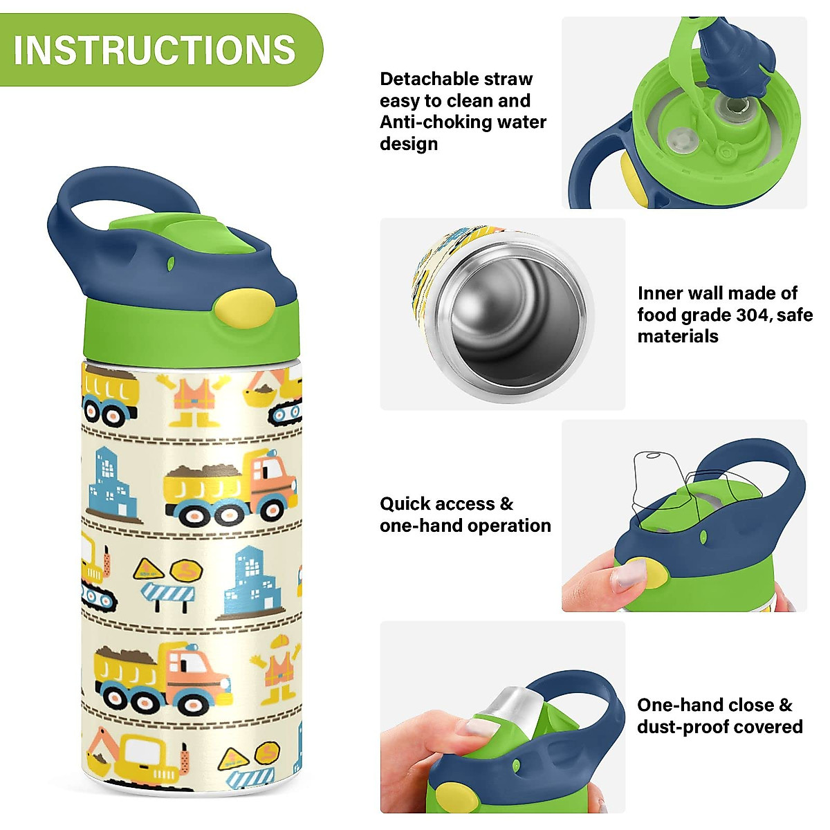 Cartoon Construction Truck Kids Water Bottle, BPA-Free Vacuum Insulated Stainless Steel Water Bottle with Straw Lid Double Walled Leakproof Flask for Girls Boys Toddlers, 12Oz