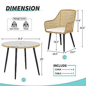 Verano Garden 5 Pieces Outdoor Dining Set, Patio Wicker Dining Chairs and Round Table Set for 4, Rust-Resistant Steel Frame Dining Set W/Umbrella Hole for Backyard, Porch, Garden, Lawn