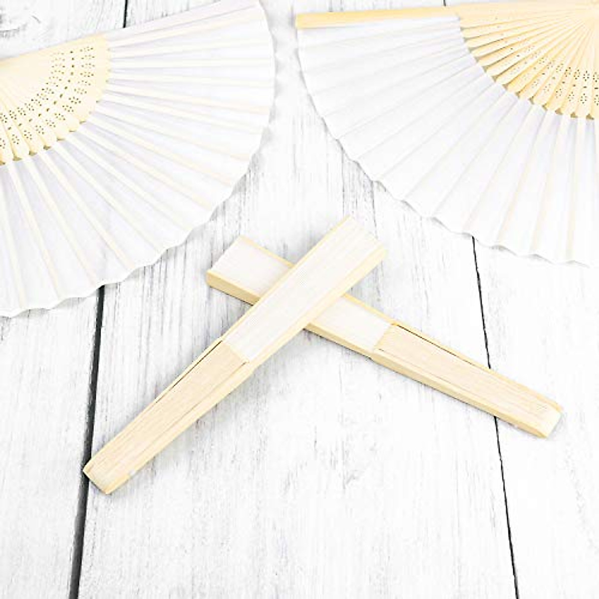 URATOT 24 Pieces White Folding Fans Silk Bamboo Folding Fans Handheld Fans for Wedding, Party Decoration