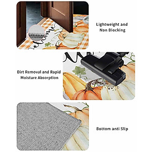 Thanksgiving Front Door Mat Outside Entrance, Harvest Pumpkin Maple Leaf Outdoor Indoor Door Mats for Entryway, Low Profile White and Orange Buffalo Plaid Funny Welcome Mat Entry Doormats 24x36 in