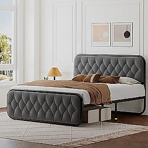 Feonase Queen Bed Frame, Heavy Duty Bed Frame with Buton Tufted Headboard, Upholstered Platform Bed with Strong Metal Slats, 12" Under-Bed Storage, Noise-Free, Easy Assembly, Grey