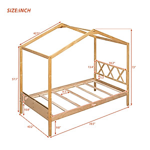 Harper & Bright Designs Twin Size House Bed for Kids, Twin Bed Frame with Headboard and Storage Space, Wooden Twin Bed for Girls, Boys,No Box Spring Needed,Natural