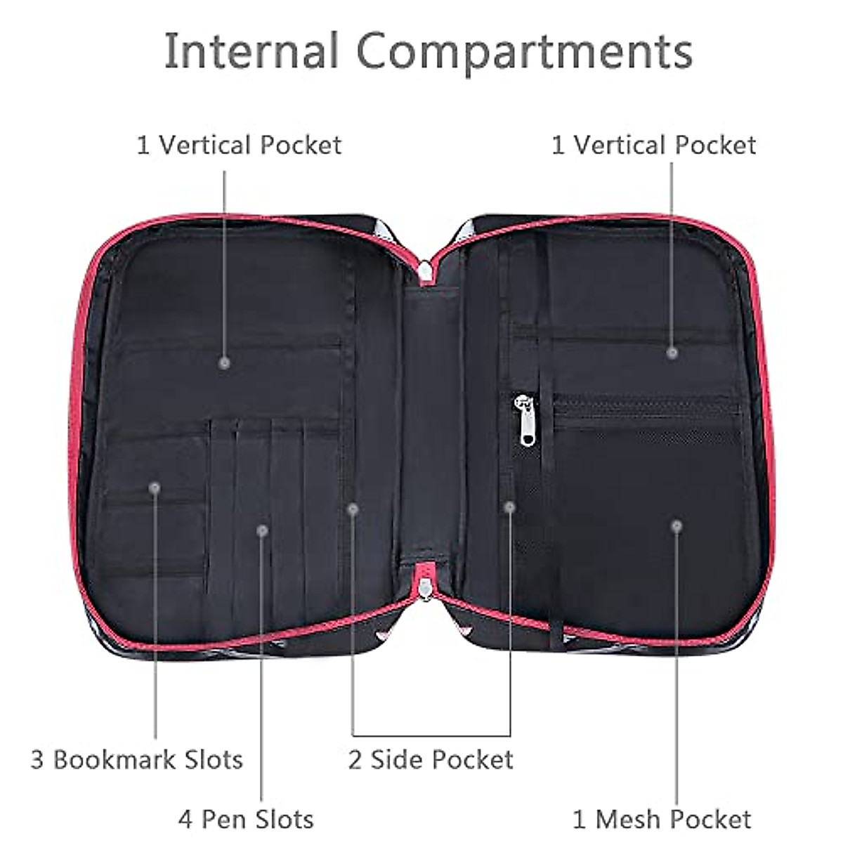 QTKJ Black Bible Covers for Women with Carrying Handle, Book Cover Case with Zipper Pocket Bible Cover for Mom Ladies Teens Girls, Red and White Floral Pattern