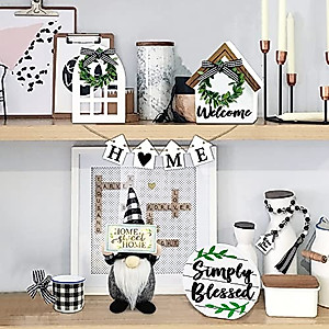 10 PCS Rustic Farmhouse Home Tiered Tray Decor, Farmhouse Wooden Table Signs Black White Buffalo Plaid Kitchen Decoration Set, Lighted Gnome Plush Home Sweet Home Decor Signs Housewarming Gifts