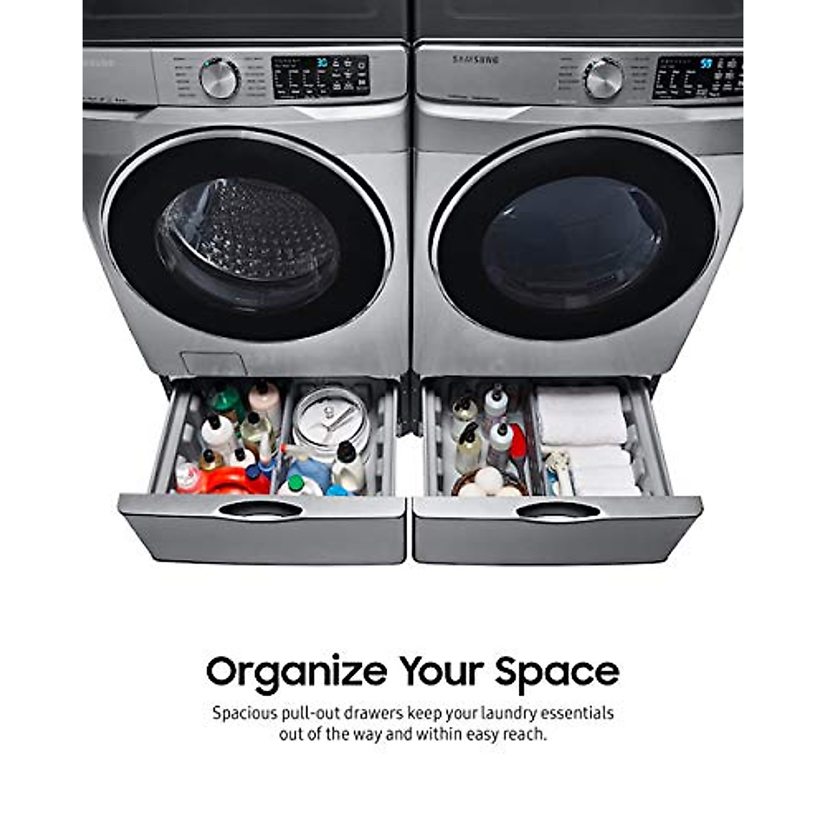 SAMSUNG 27-Inch Washer Dryer Pedestal Stand w/ Pull Out Laundry Storage Drawer, Stainless Steel, WE402NP/A3, Platinum