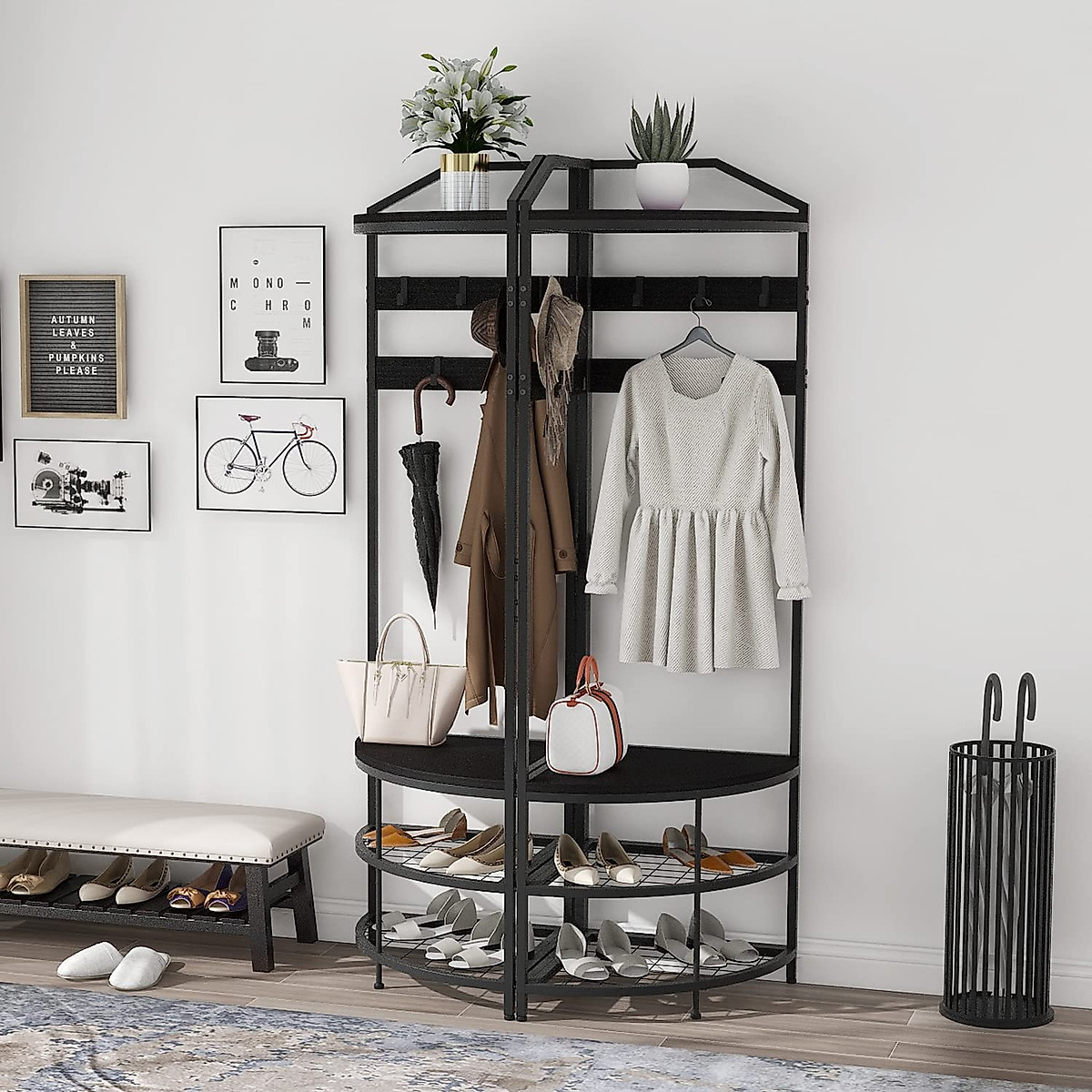 GiftGo Modern Black Entryway Corner Hall Tree with Shoe Bench Entryway Coat Rack with 10 Metal Movable Hooks Wooden Clothes Rack Shoes Shelf Organizer for Home Office Bedroom (Black)