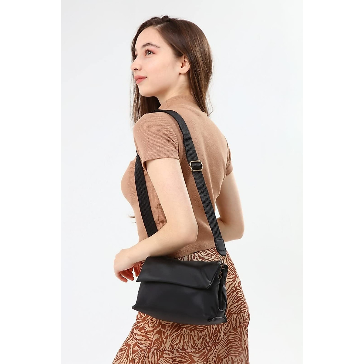 Women Fabric Nylon Crossbody Bag Ladies Travel Handbag (Black)
