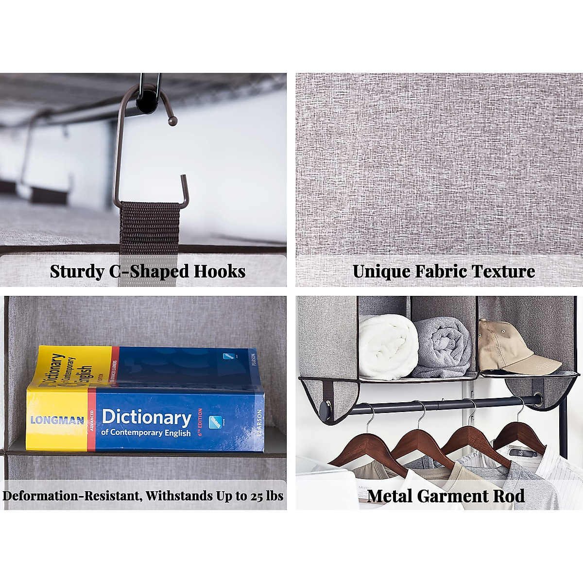 StorageWorks Hanging Closet Organizer with Garment Rod, 4 Section Closet Hanging Shelves, Fabric, Mixing Brown and Gray, 24 ½”W x 12 ¼”D x 28”H