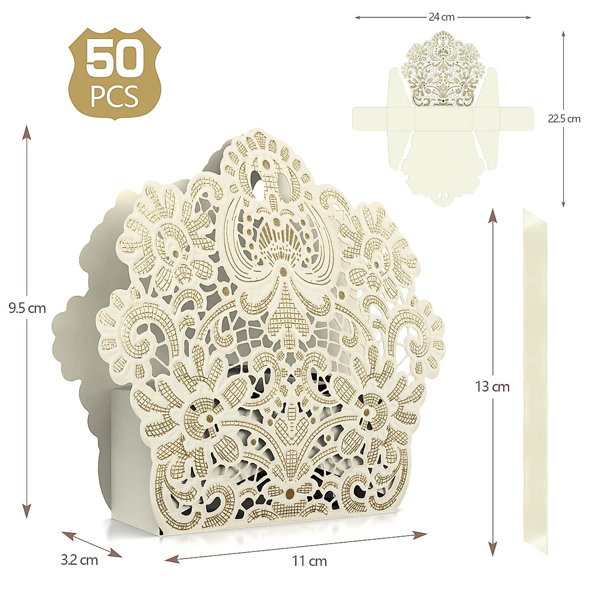 Maykah 50 Packs Candy Boxes for Wedding Favor, Flower Gift Box Candy Box with Ribbons for Bridal Shower Wedding Party Anniversary Favors, Off White